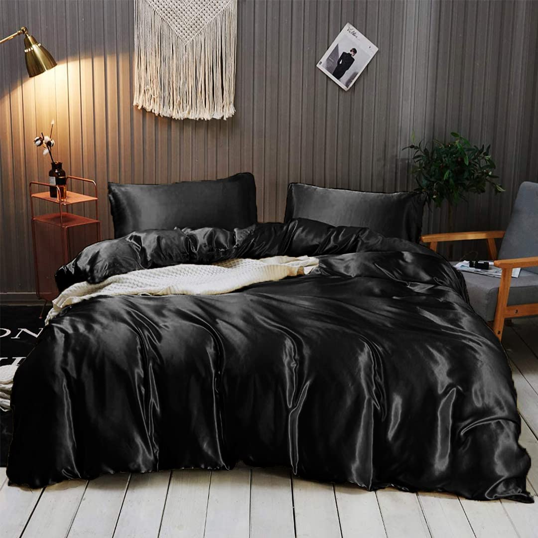 Rico Bedding 100% Pure Silk Satin Duvet with Fitted Sheet Set 4pcs, Silk Satin Fitted Sheet 15'' Deep Pocket,Silk Satin Duvet Cover,Silk Satin Pillowcases Set !!!(Queen Black)