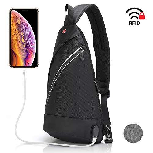 all4way Sling Backpack Tablet - Swiss Design with fast USB Charging - RFID Anti Theft Travel Biking Bag (10.2, Black)