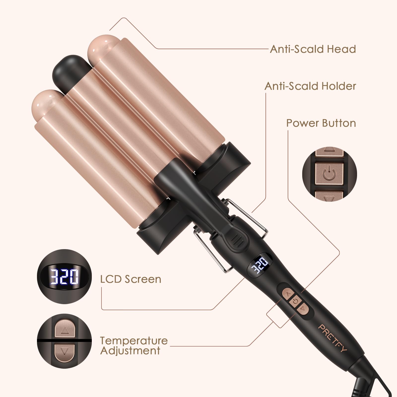 3 Barrel Curling Iron Wand, 1.25 Inch Ceramic Tourmaline Triple Barrels,Temperature Adjustable Portable Crimper Hair Iron for Beach Waves, Hair Waver Heats Up Quickly with LCD Temp Display(Rose Gold)