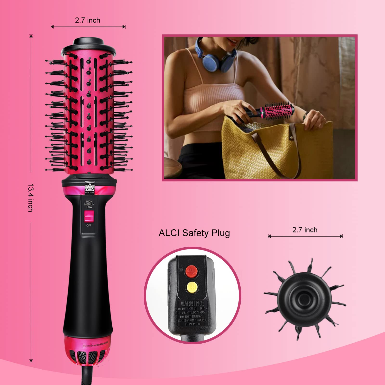 Ikedon Hair Dryer Brush, Pink, ALCI Safety Plug, Quick Drying, Volumizing, Ionic Care