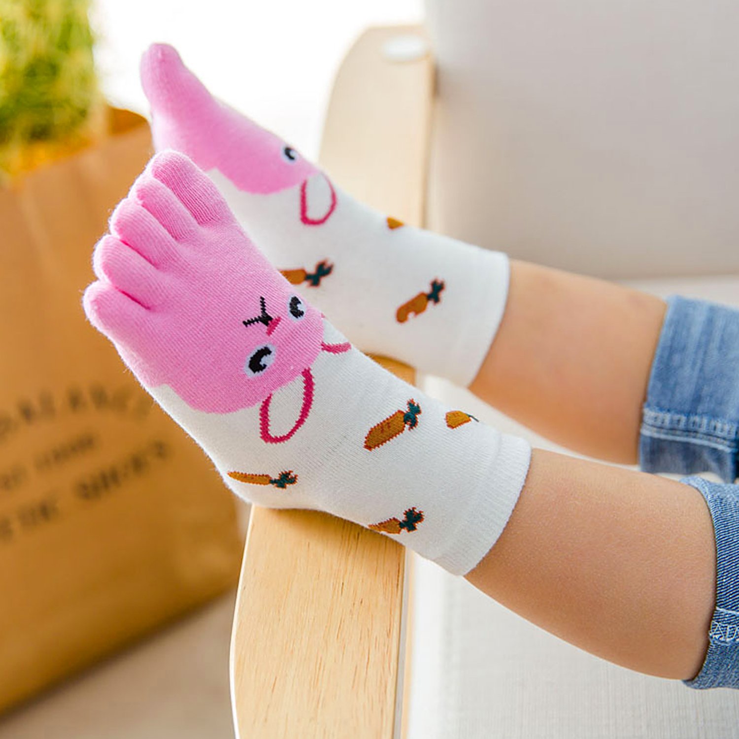 Hellomamma Kids Toe Socks Girls Cute Animal Cat Dog Cotton Sox Five Finger Ankle Sock