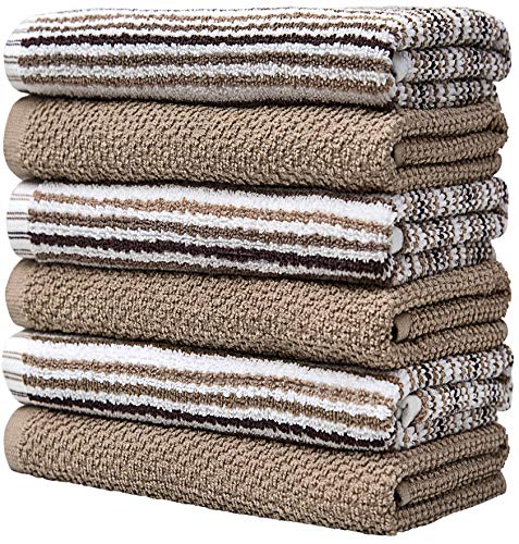 400 GSM Absorbent 6 Pack Cotton Popcorn Stripe Kitchen Towels with Hanging Loop - 16x26 Inches, Tan