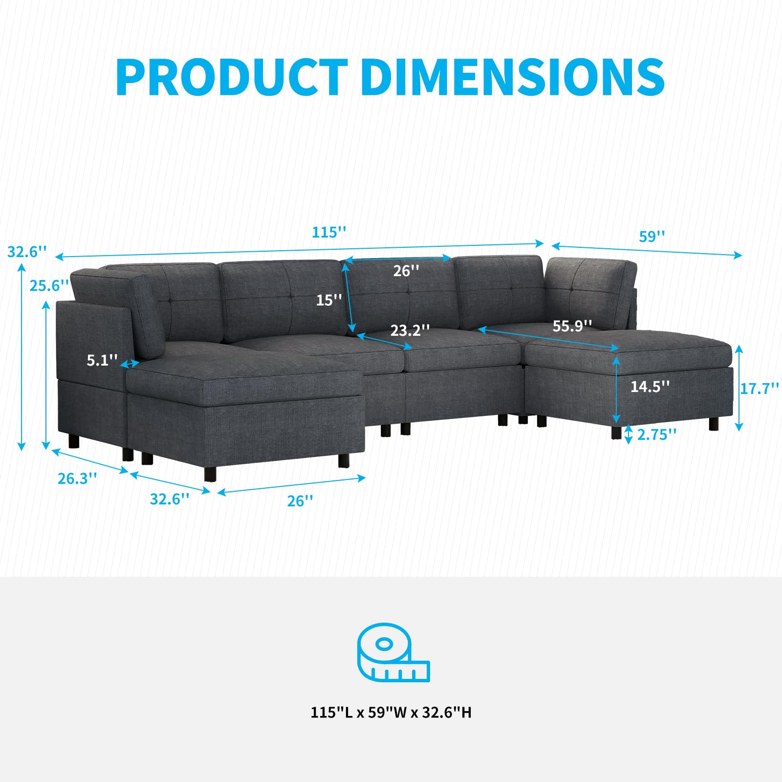 Mjkone Convertible Sofa Couch, Modern U Shaped Sofa with Tufted Back Cushion, 6 Seat Oversized Sectionals Sofa Couch with Ottomans for Living Room/Apartment/Office (Beige)