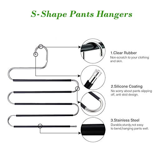 S-Shape Pants Hangers Space Saving Trousers Hangers 4 Pack, 5 Layer Stainless Steel S-Shape Trousers Hangers