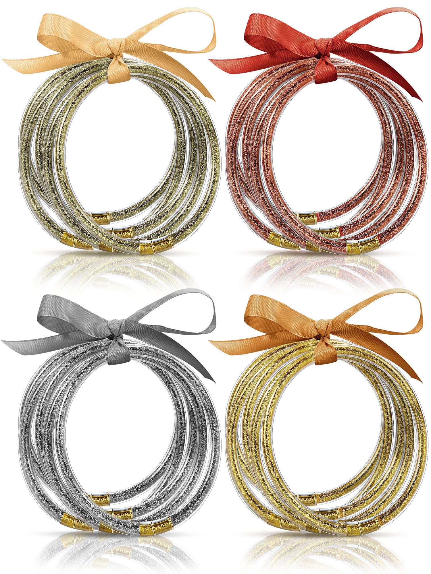 20 Pcs Glitter Jelly Bracelets Set Glitter Filled Jelly Silicone Bracelets Beach Boho Style Glitter Filled Bracelets Glitter Party Bracelets for Girls Women (Gold, Silver, Champagne, Champagne Pink)