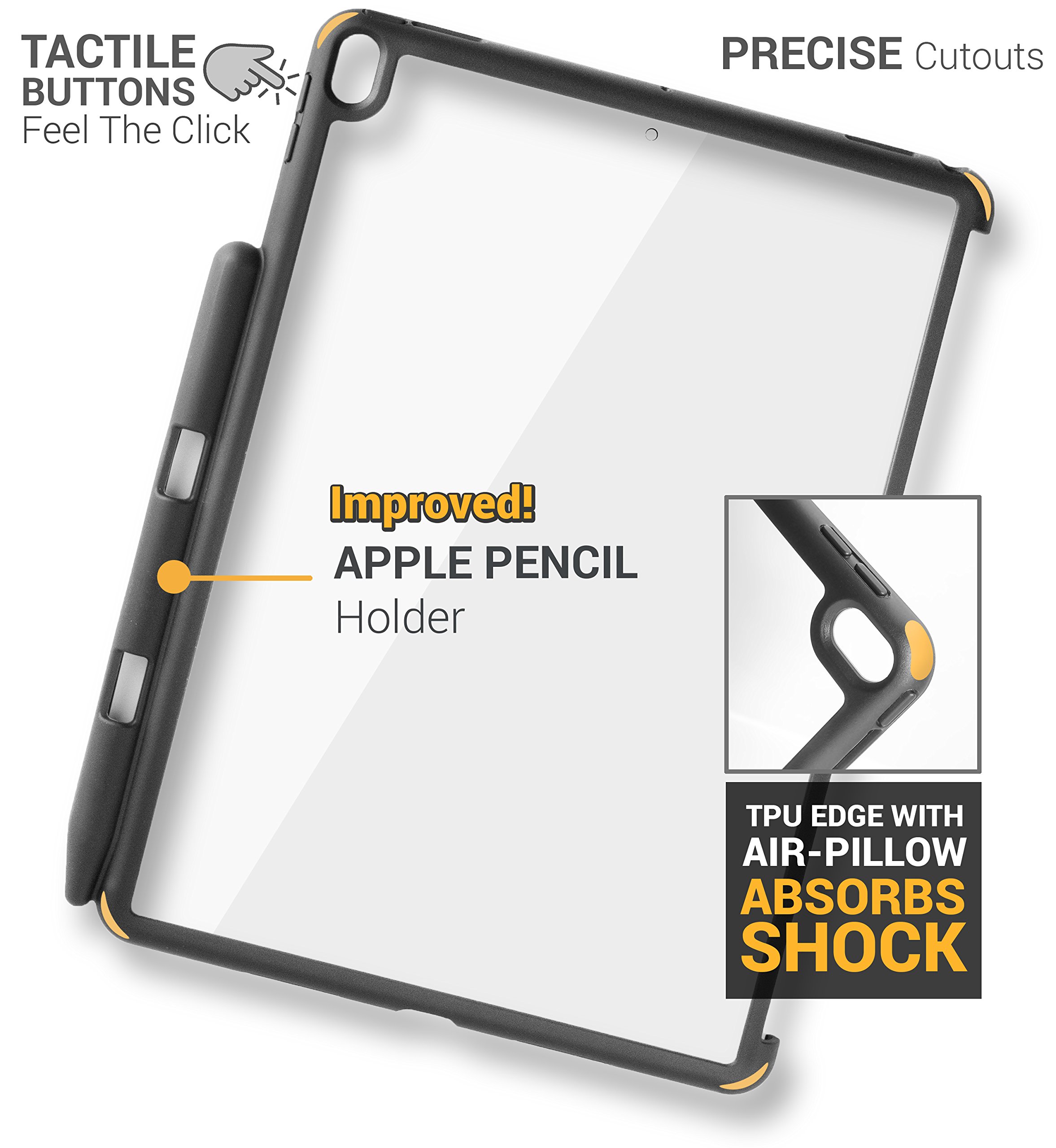 TineeOwl iPad Pro/Air 3 (10.5-inch) Case with Pencil Holder [Improved] Thin and Slim, Compatible with Apple Smart Keyboard and Smart Cover (Clear/Black)