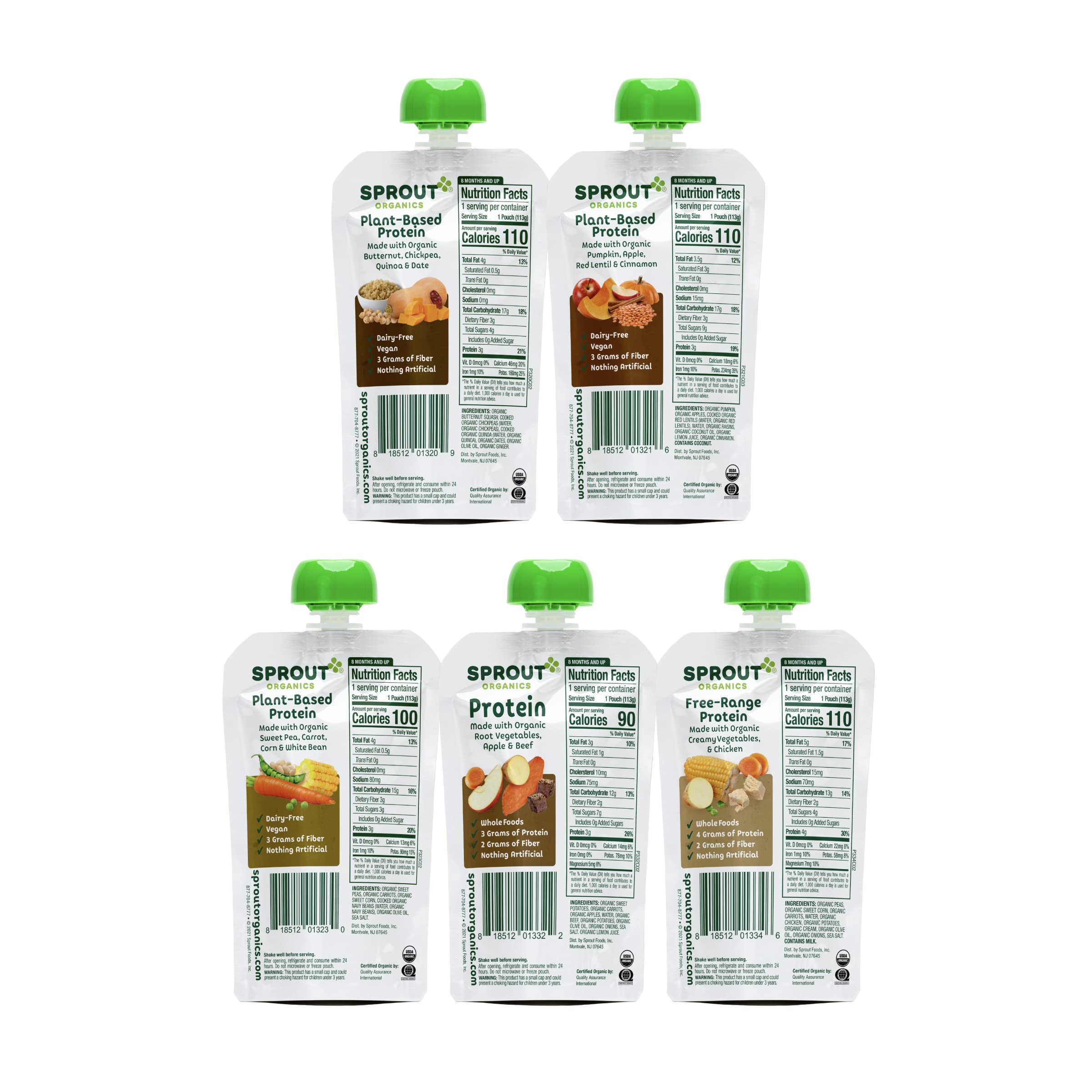 Sprout Organic Baby Food, Stage 3 Pouches, 8 Flavor Meat & Plant Protein Variety Pack, 4 Oz Purees (Pack of 12), Packaging May Vary