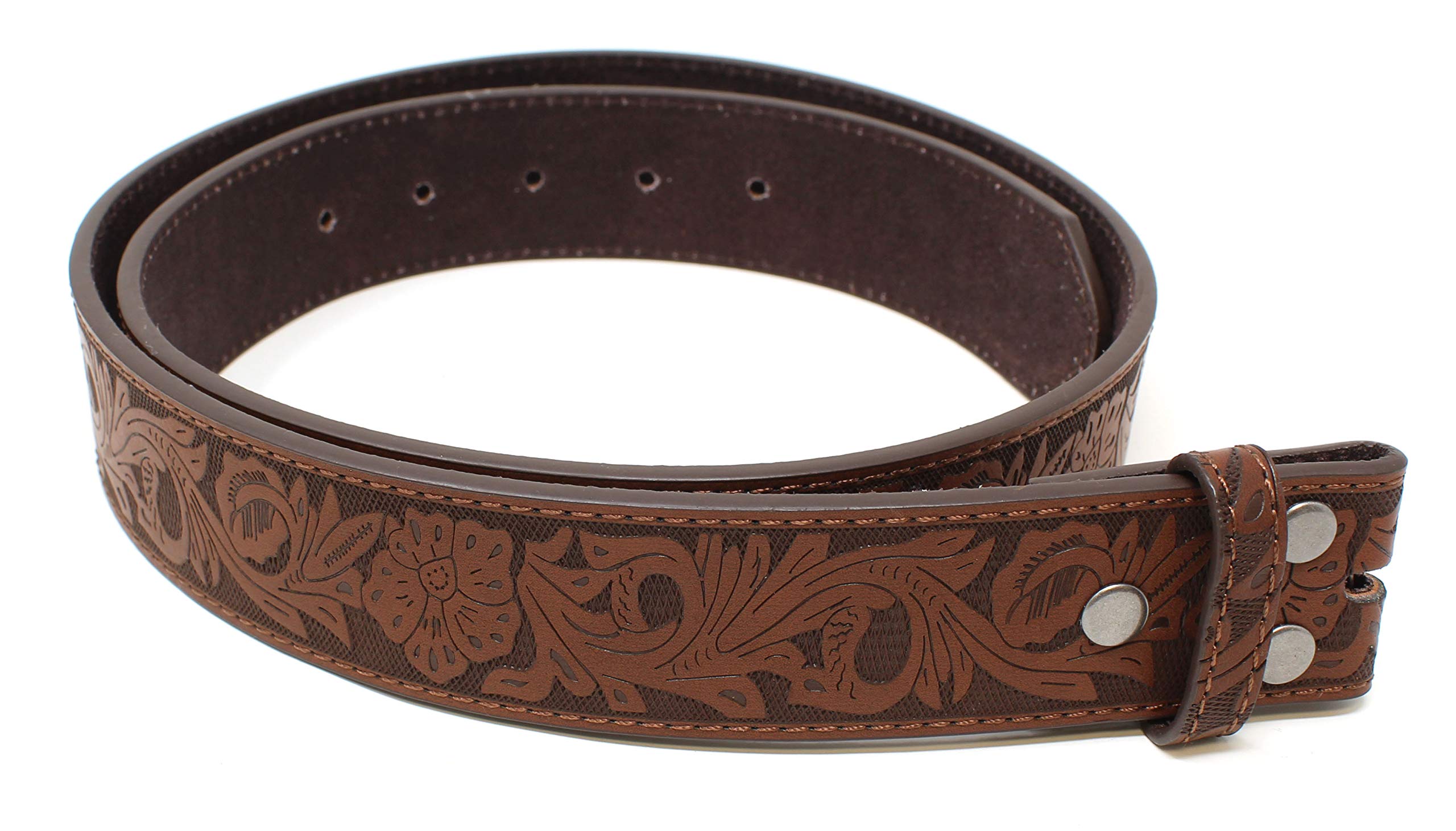 BC Belts Womens Leather Belt Strap with Embossed Western Flowers Pattern 1.5" Wide with Snaps (Brown-S)
