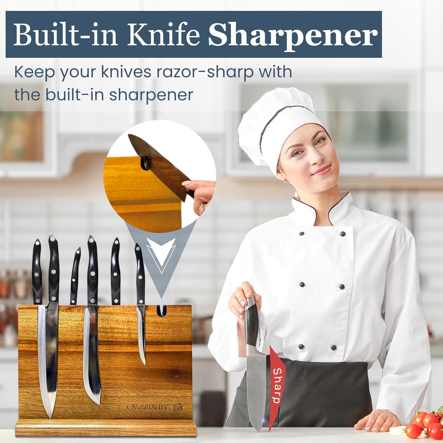 Acacia Wood Magnetic Knife Block 14 x 10" - Double Sided Magnet Knife holder - Magnetic Knife Board W/Knife Sharpener - Knife Holder for Kitchen Counter - Detachable Knife Display Stand