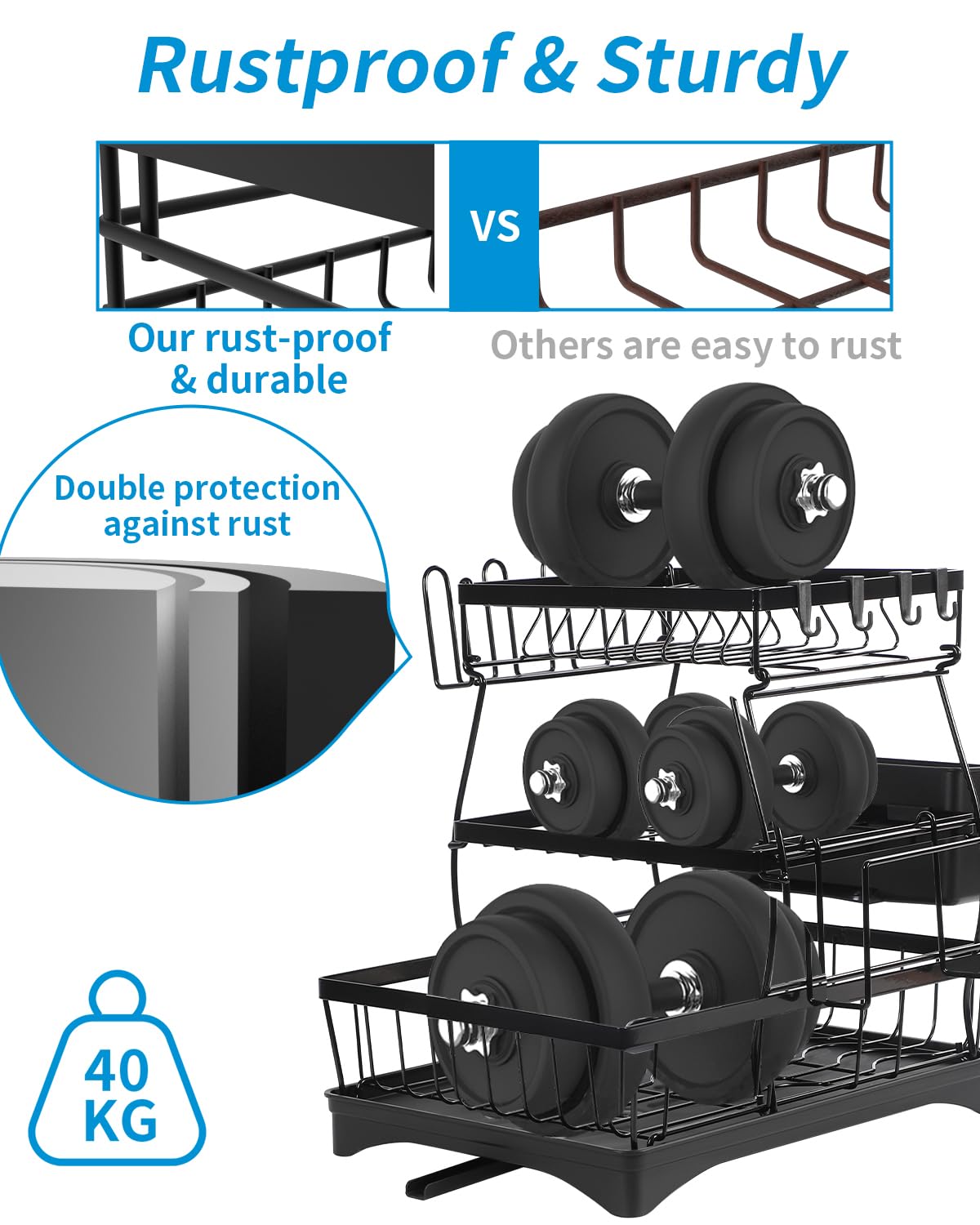 3 Tier Dish Drainer Rack for Kitchen Counter, Large Capacity Dish Drying Rack with 360° Rotating Drainboard, Dish Drainers for Kitchen Sink, Countertop Large Detachable Stainless Steel Dish Rack