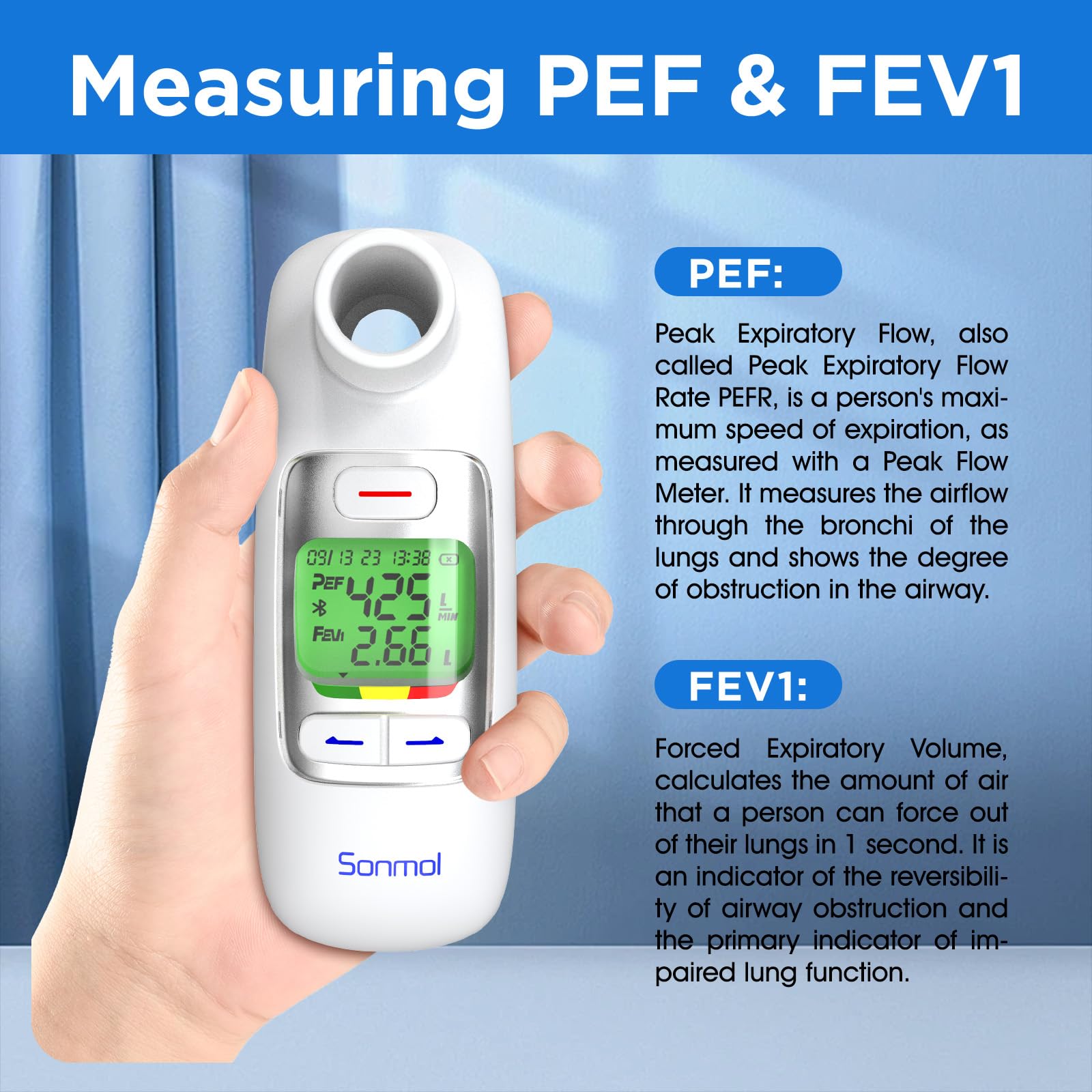 Peak Flow Meter,Portable Peak Flow Meter Test PEF & FEV1 for Kids Adults Asthma COPD & Other Lung Conditions Monitor, Tracking App Bluetooth Connection with 300 Records Storage Function