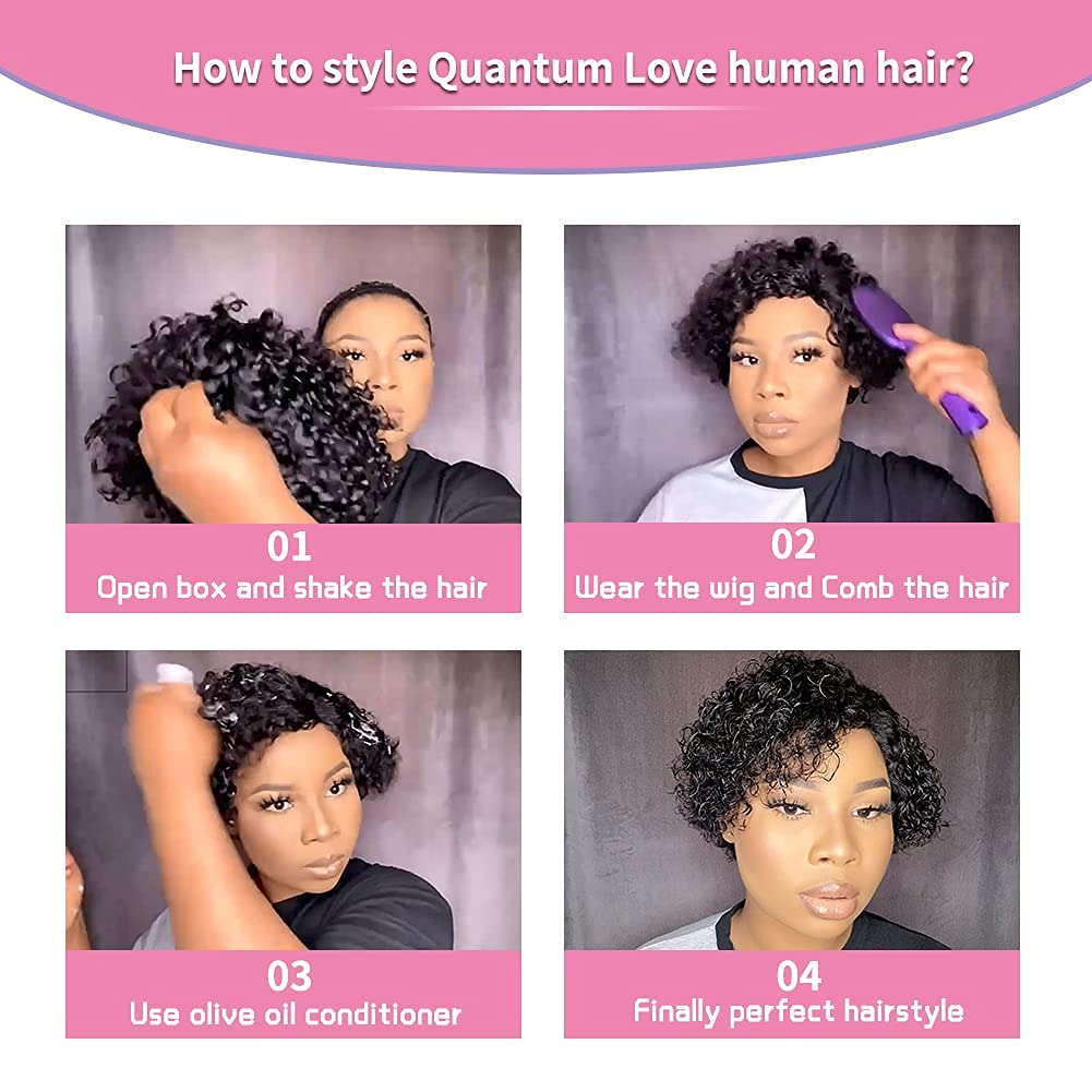 Quantum Love Human Hair Wigs Curly Wave Side Part Wig Short Bob Pixie Cut Brazilian Remy Human Hair Deep Curly None Lace Front Wigs for Women Ombre Black Brown Color