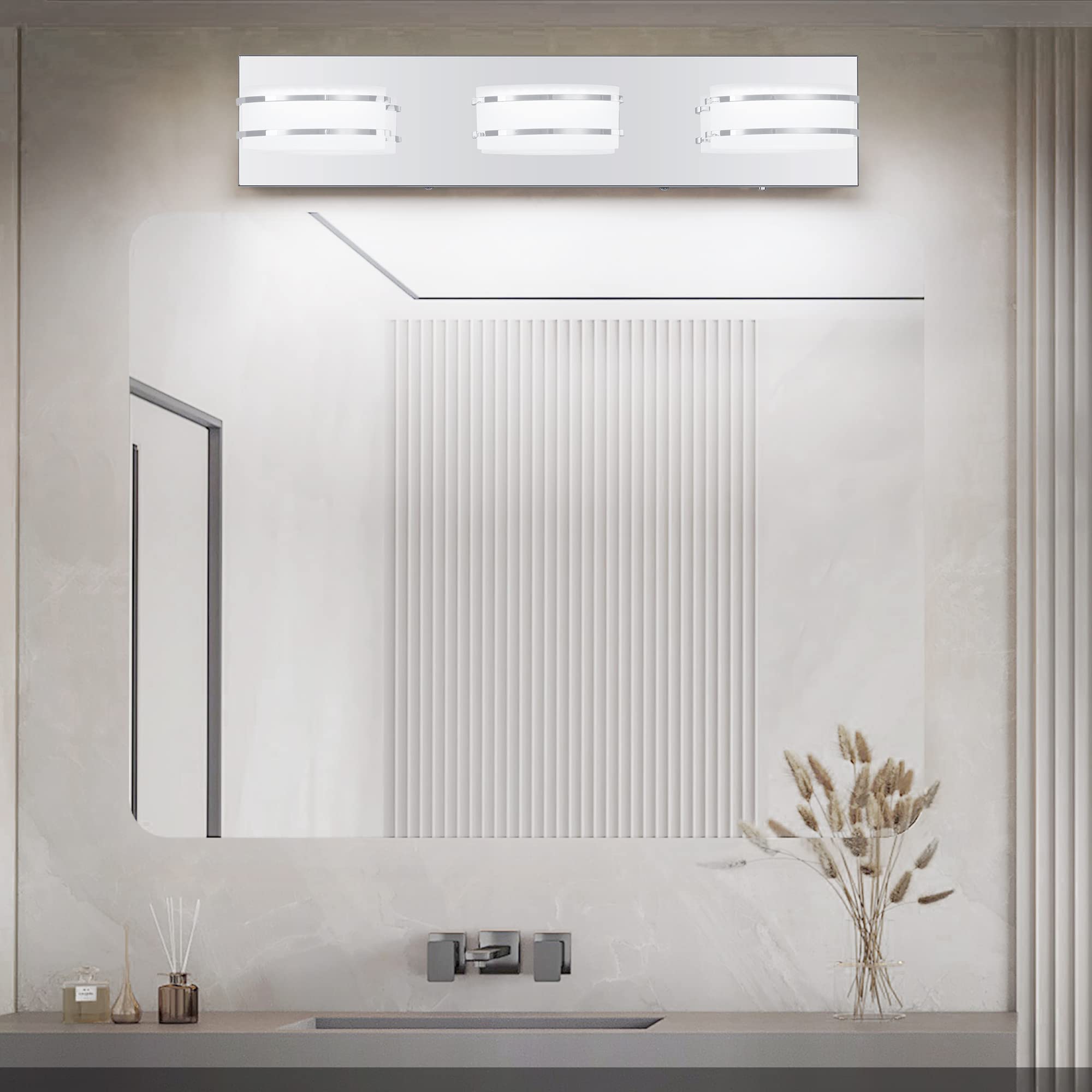 3 Color Temperature Dimmable Bathroom Light Fixtures over Mirror LED Chrome 3 Light Bathroom Vanity Light Fixtures Acrylic Stainless Steel Oval Shade Vanity Lights for Bathroom, ETL Certificated