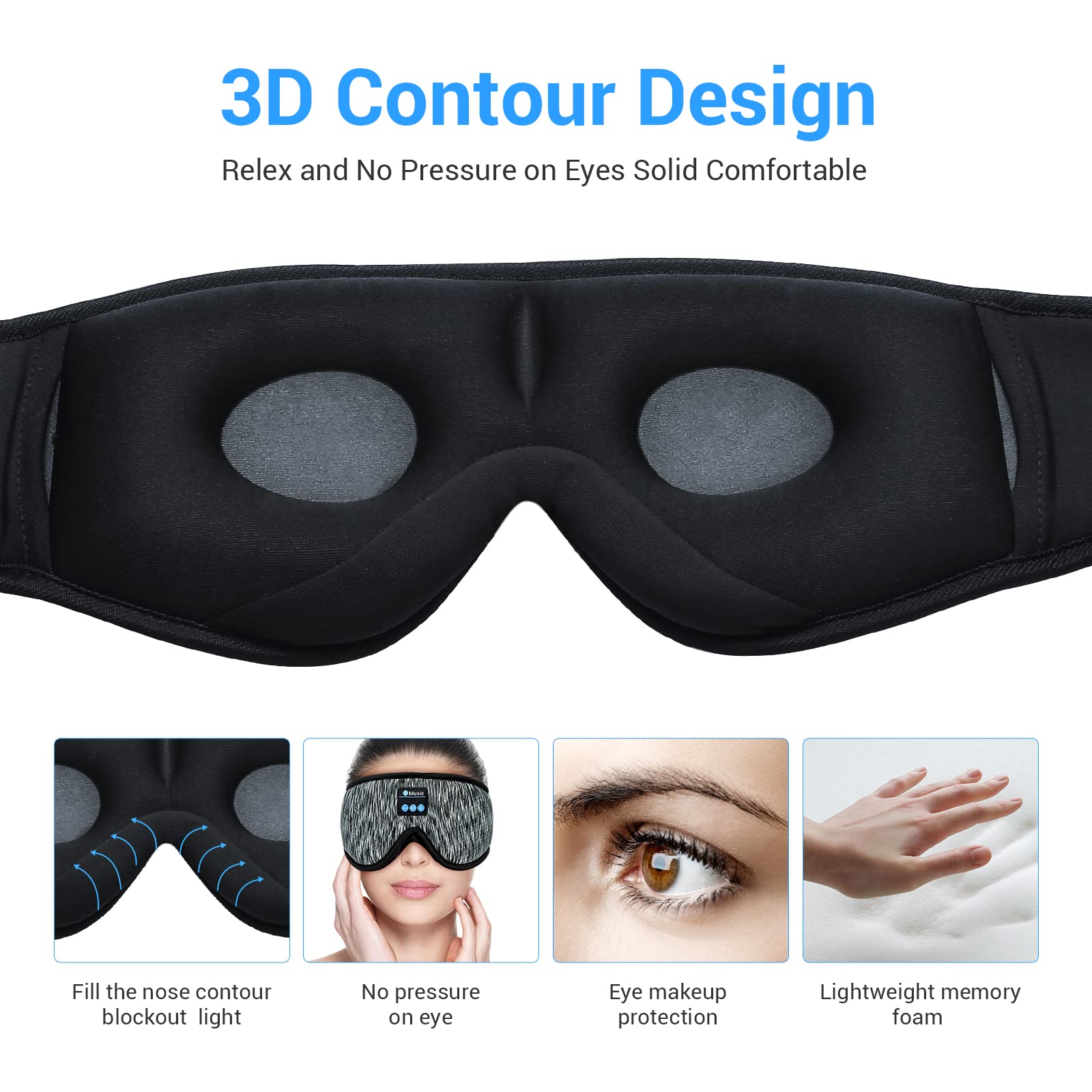 Bluetooth Sleep Eye Mask 3D Sleep Headphone with Headphones with Speakers and Microphone, Wireless Music Sleeping Eye Mask Washable Earbuds for Side Sleeper, Air Travel, Office Nap, Meditation (Grey)