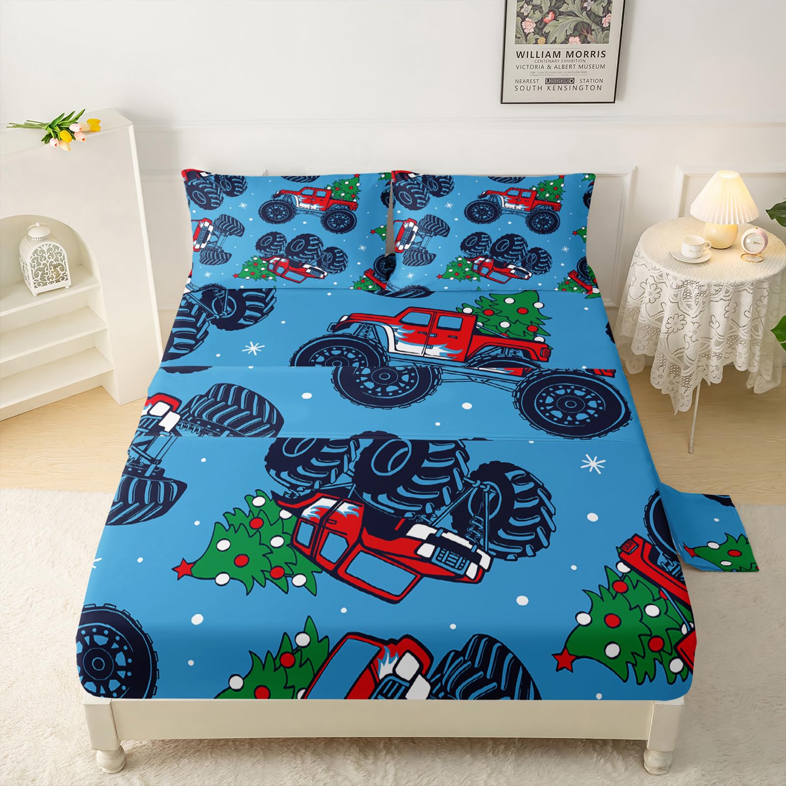 QOOMO Truck Sheets Set Twin Size, Kids Sheets Set Set,Christmas Tree Truck Printing Bedding Ultra Soft,Ultra Sheets Set Twin Size 1 Fitted Sheet, 1 Flat Sheet, 2 Pillow Cases