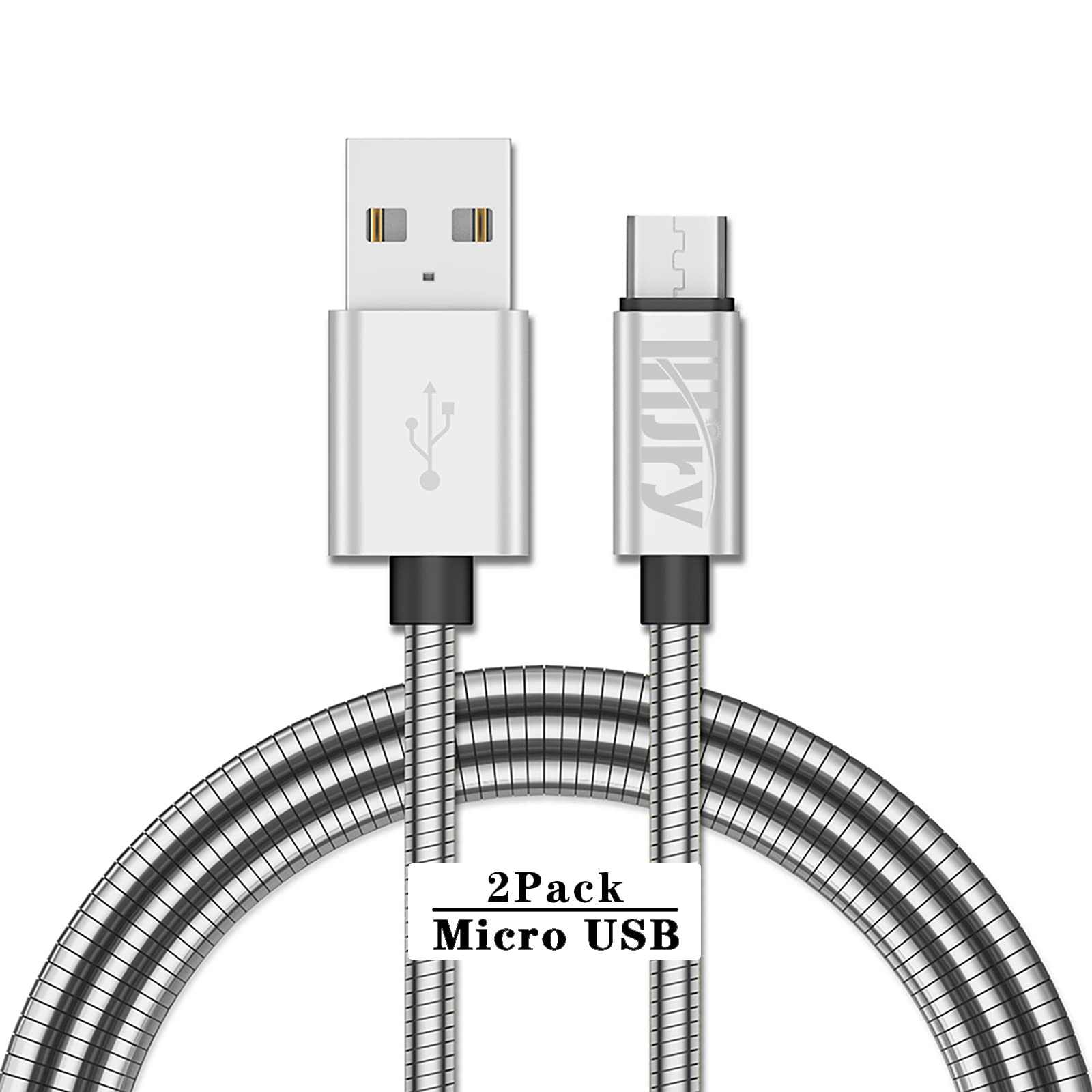 LHJRY Micro USB Charger Cable, [6.6ft 2 Pack] Metal Braided Fast Sync&Charging Cord for Android, Samsung, HTC, LG, Motorola, Xbox One, PS 4, Sony, and More Micro USB Device (Silver)
