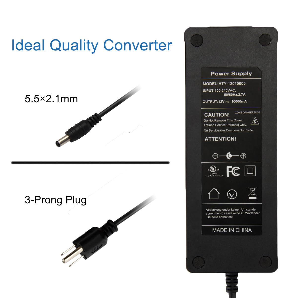 BINZET AC to DC 12V 10A 120W Power Supply Adapter Converter Regulator, 5.5mm x 2.1mm DC Plug, 12Volt 10Amp Wall Power Plug for DC12V 5050 5630 Flexible LED Strip Lights