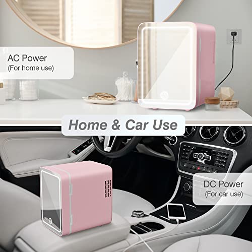 Easy-Take Skincare Fridge - Mini Fridge with Dimmable LED Mirror (4 Liter/6 Can), Cooler and Warmer, for Refrigerating Makeup, Skincare and Food, Mini Fridge for Bedroom, Office and Car, Pink