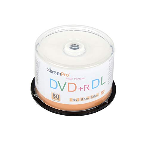 XtremPro DVD+R DL 8X 8.5GB 240min Recordable & White Inkjet Printable Double Layer DVD 50 Pack Blank Discs in Spindle - 11127, Portable Easy to Use