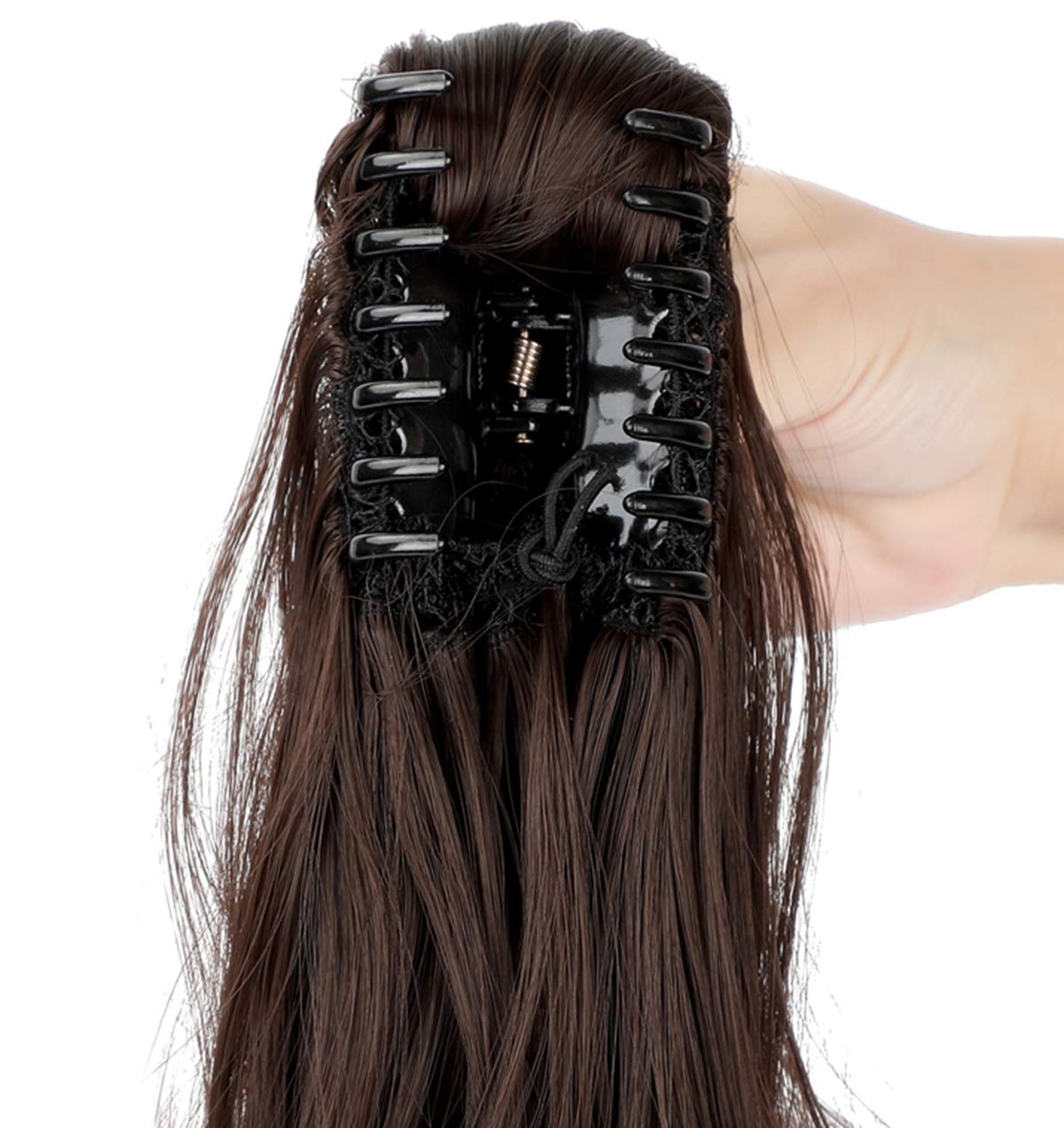 FELENDY Ponytail Extension Claw 18" 20" Curly Wavy Straight Clip in Hairpiece One Piece A Jaw Long Pony Tails for Women Medium Brown