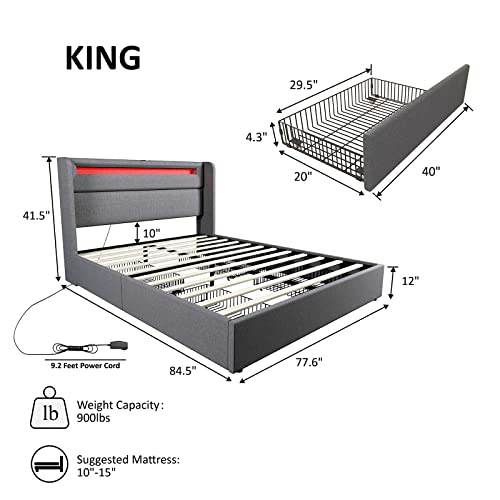 AMERLIFE King Bed Frame with RGBW LED Lights Headboard & 4 Storage Drawers, Upholstered Smart Platform Bed with USB & USB-C Ports, Box Spring Optional, Light Grey
