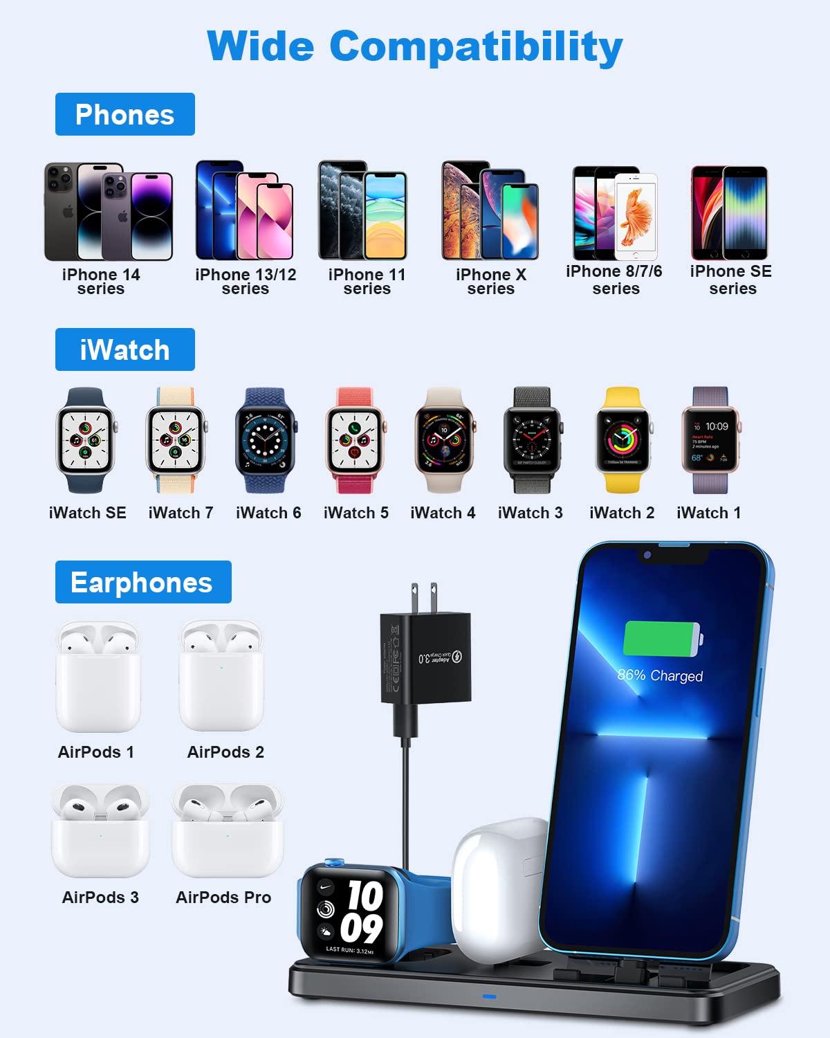 3 in 1 Charging Station for Apple Devices Foldable Charging Stand with 18W Adapter Compatible with iPhone Series AirPods Pro/3/2/1 Charging Dock for iWatch Series SE/7/6/5/4/3/2/1