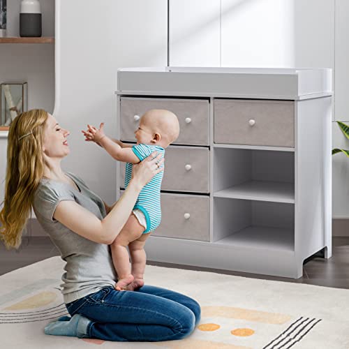 Changing Table with 4 Drawers, Changing Table Dresser with Changing Top and 2 Shelves, Infant Baby Diaper Changing Station for Nursery Bedroom Living Room, Diaper Changing Station