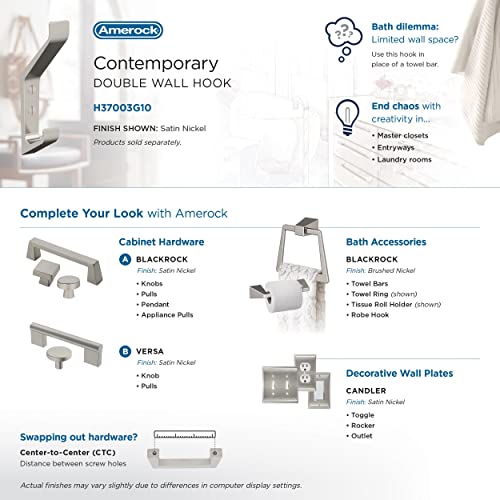 Amerock H37003G10 | Emerge Double Prong Decorative Wall Hook | Satin Nickel Hook for Coats, Hats, Backpacks, Bags | Hooks for Bathroom, Bedroom, Closet, Entryway, Laundry Room, Office