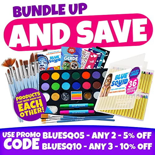 Face Paint Crayons for Kids, Blue Squid 36 Jumbo 3.25" Face & Body Painting Makeup Crayons, Safe for Sensitive Skin, 8 Metallic & 28 Classic Colors, Great for Birthdays & Halloween Makeup