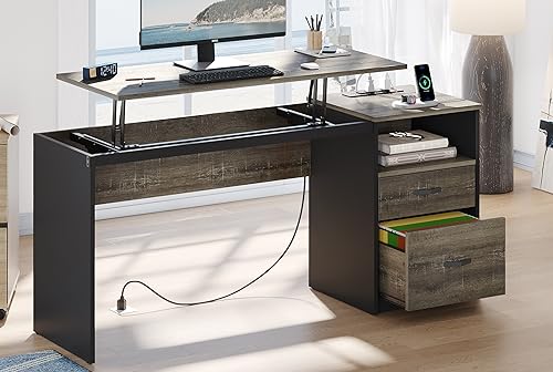 Bestier Lift Top Computer Desk with File Drawer, 60" Large Office Desk with Power Outlet USB Port Built in Writing Study Computer Table with Storage Workstation for Home Office Bedroom, Gray