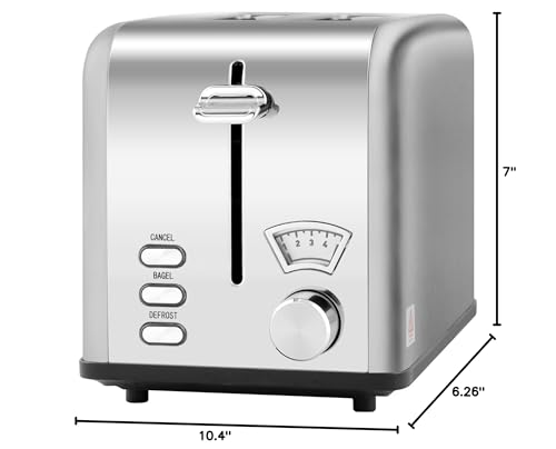 Simple Deluxe Stainless Steel Toaster 2 Slice with 1.5β Wide Slot & Removable Crumb Tray, 5 Shade Options and Bagel/Defrost/Cancel Functions, for Various Bread & Waffle, Retro Silver