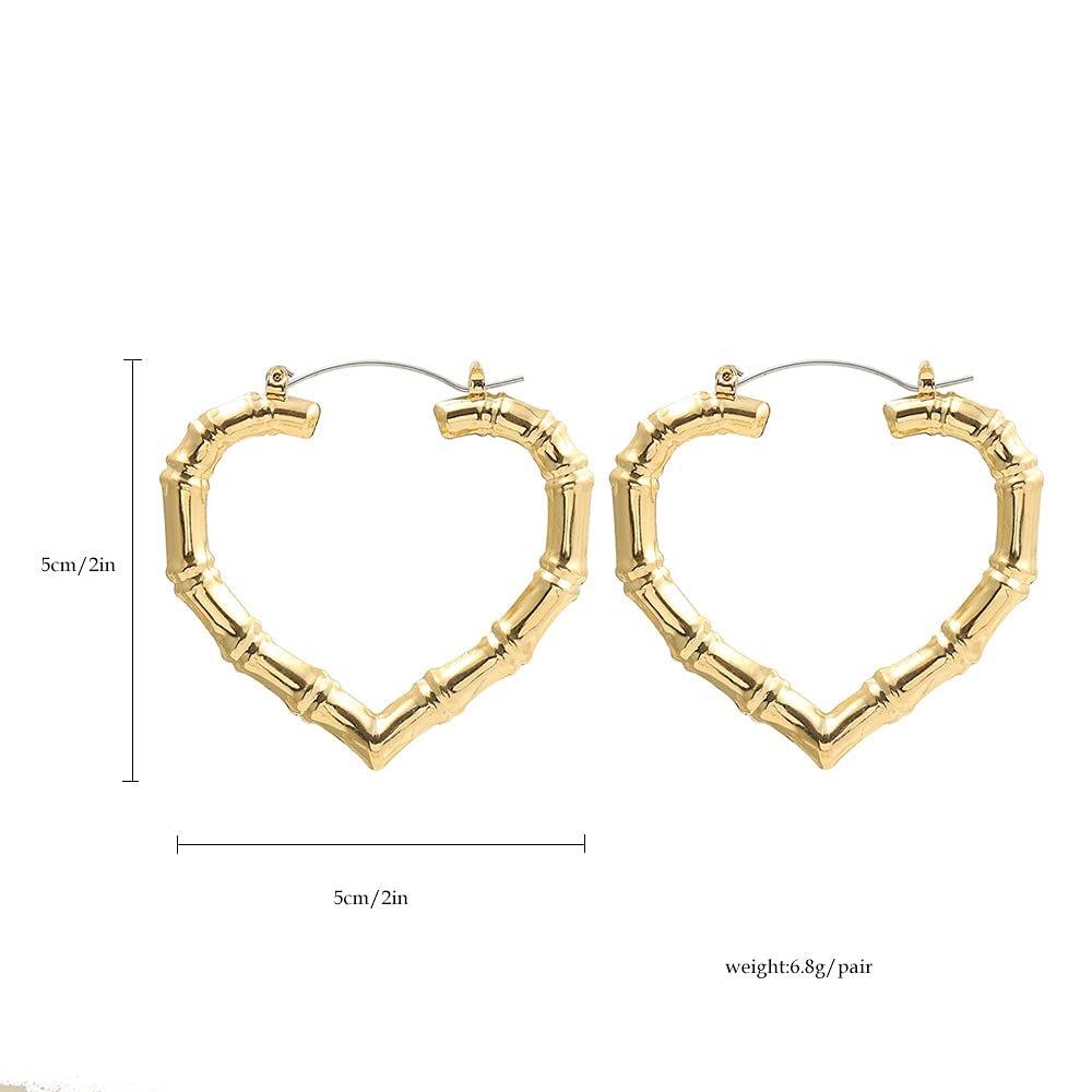 3 Pairs Gold Tone Large Bamboo Style Hoop Earrings for Women Round Circle Statement Hip-Hop Earrings-heart