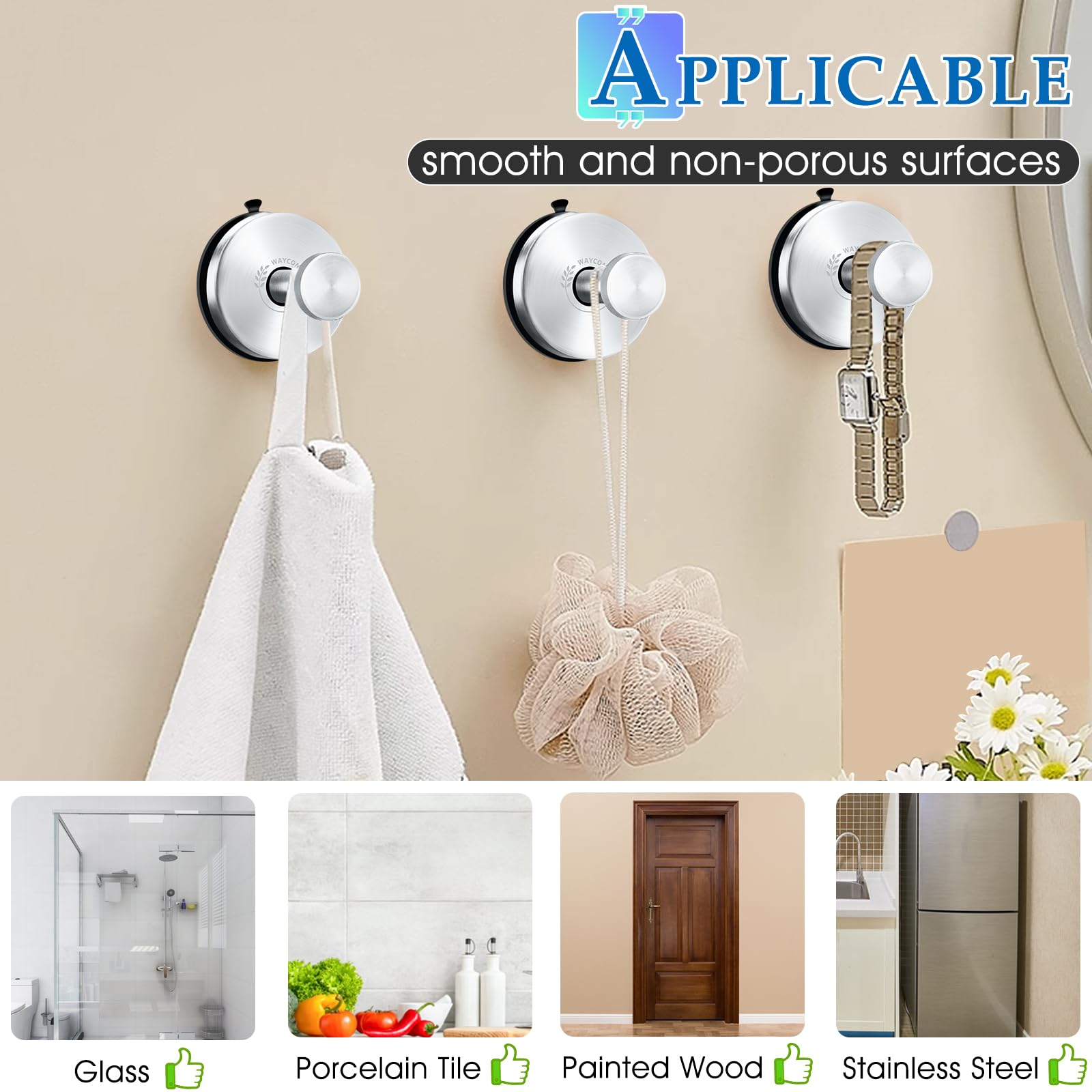 WAYCOM Suction Cup Hooks for Shower, 2Pcs Towel Hooks for Bathroom Wall SUS304 Vacuum Stainless Steel Shower Hooks Bathroom, Kitchen, Glass Door, Tile β Loofah, Towel, Coat, Bath Robe Hook Holder