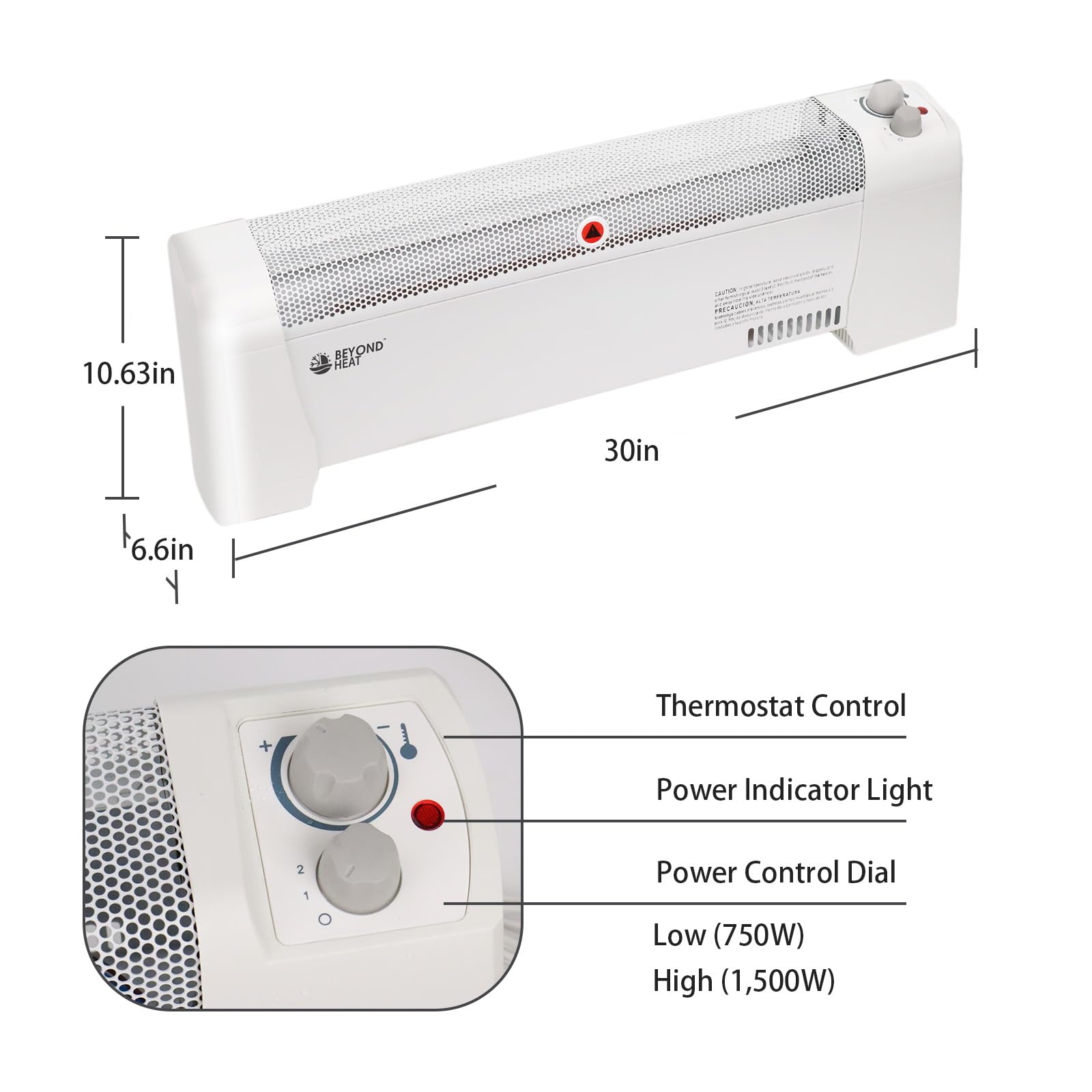 BEYOND HEAT Electric Baseboard Heater, 1500W Convection Heater with Adjustable thermostat and Overheat Protection, Slient Operation Heater for indoor use, White
