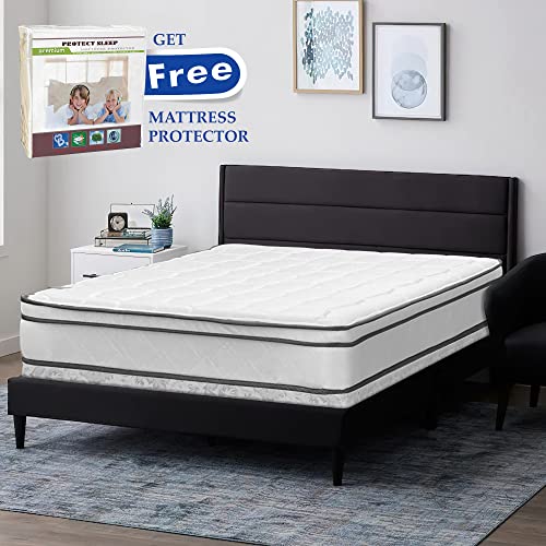 Mattress Comfort, 10-Inch Meduim Plush Eurotop Pillowtop Innerspring Mattress & 8" Wood Box Spring Set with Mattress Protector, Full