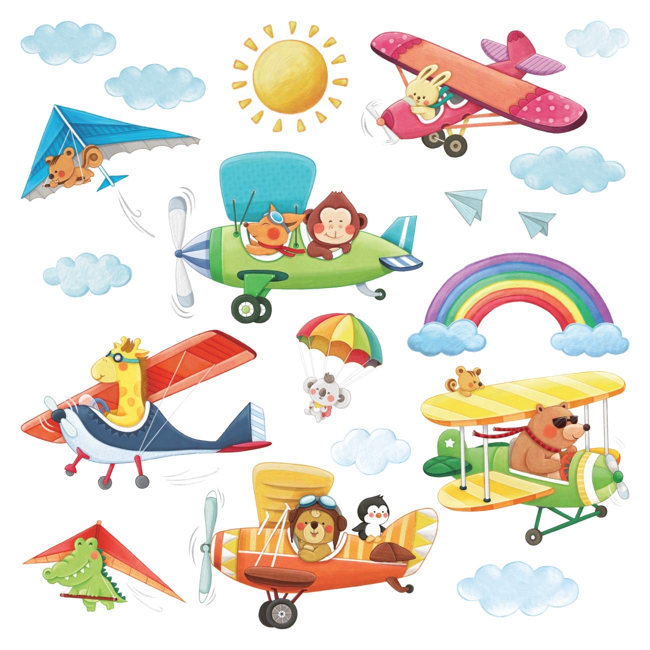 DECOWALL DS-8026 Animal Airplanes Kids Wall Stickers Wall Decals Peel and Stick Removable Wall Stickers for Kids Nursery Bedroom Living Room (Small) d?cor
