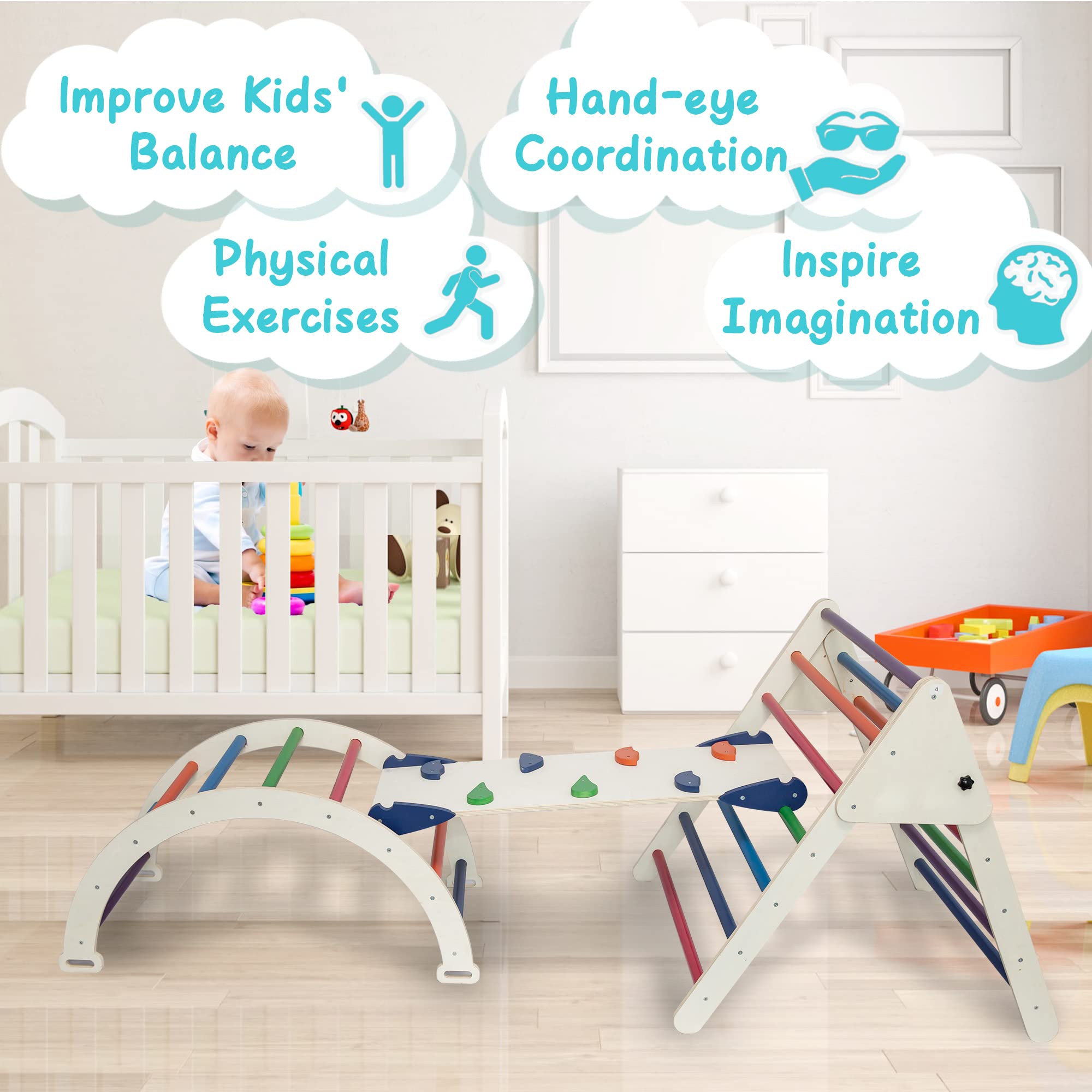 3 in 1 Foldable Triangle Ladder, Pikler Triangle Climber with Ramp, Sturdy Wooden Toddler Climbing Toys for Toddlers 1-3. with Climbing Triangle/Arch/ramp.Multicolourā¦