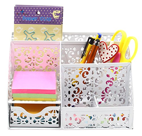 EasyPAG Desk Organizer Caddy with 6 Compartments and 1 Sliding Drawer Desktop Accessories Office Supplies Holder for Home School Classroom,White