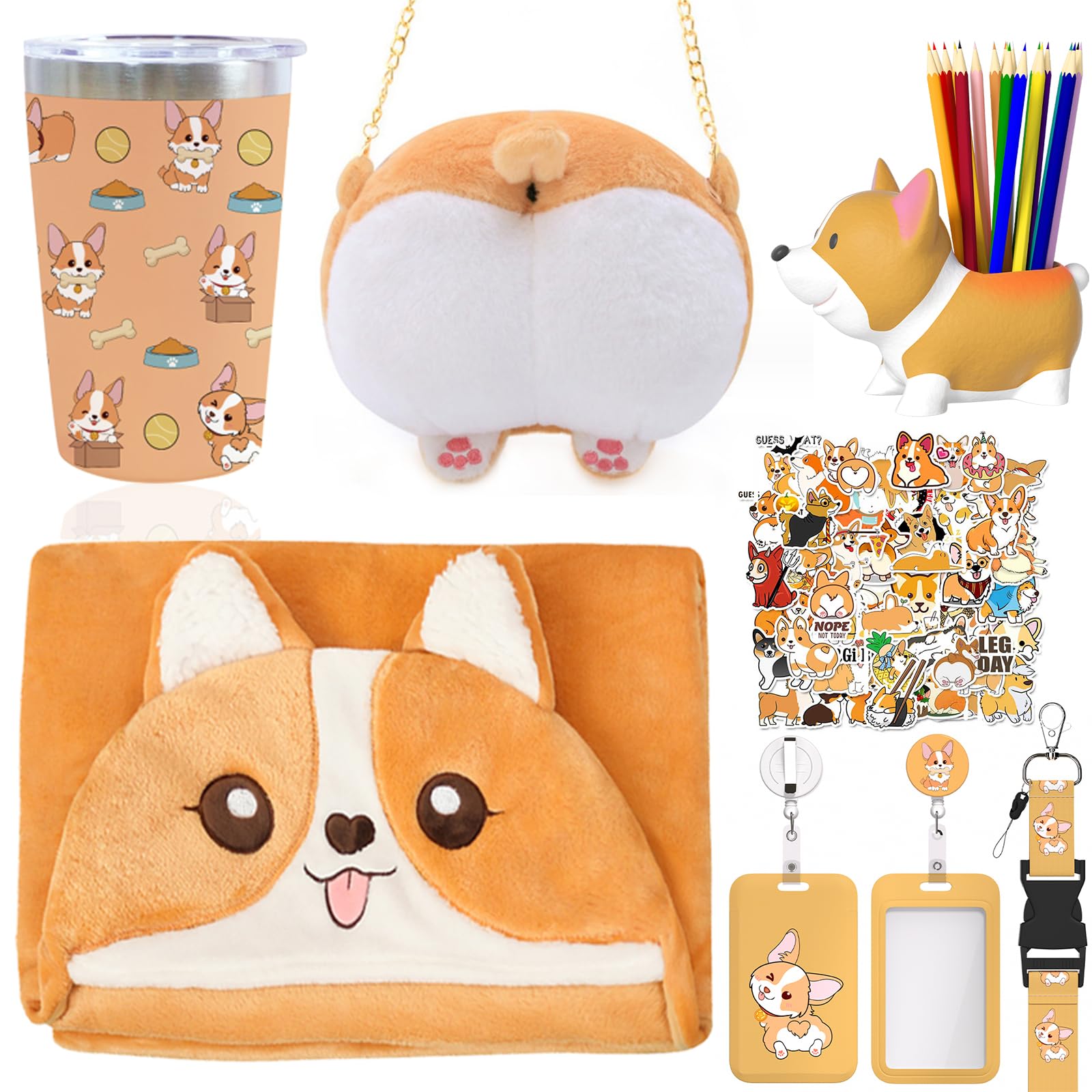 MLYEY Corgi Gifts for Corgi Lovers, Christmas Birthday Corgi Gift Box for Kids Includes 12oz Corgi Tumbler, Corgi Pen Pencil Holder, Blanket, Corgi Crossbody Bag, Name Tags Holders and Corgi Stickers