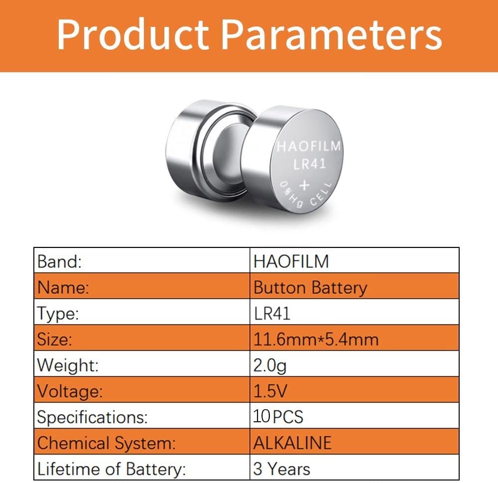 HAOFILM LR41 AG3 392 384 192 Advanced Alkaline Battery, 1.5V Round Coin Cell Battery (Pack of 10)