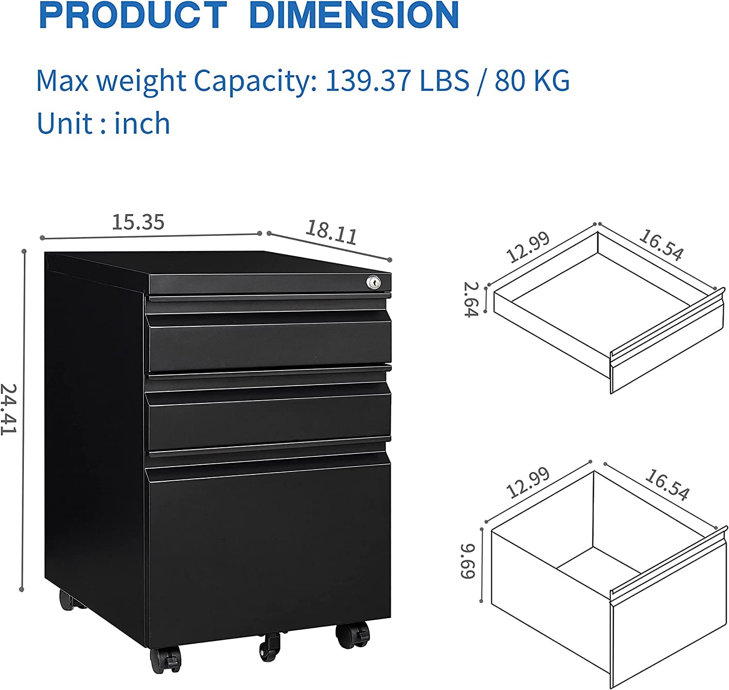3 Drawer Locking File Cabinet, Under Desk Metal Filing Cabinet for Legal/Letter/A4 File, Fully Assembled Include Wheels, Home/Office Design (Black)