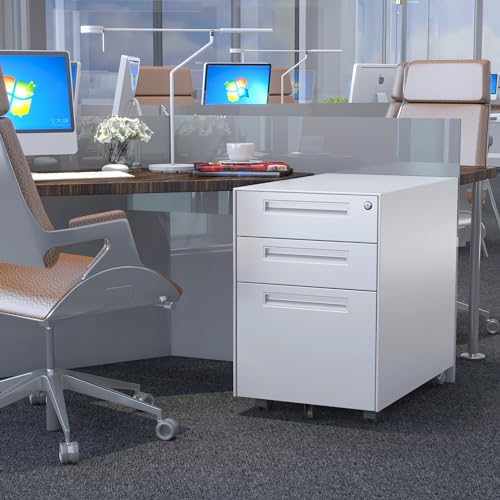 3 Drawer Metal Mobile Vertical Locking File Cabinet with Lock, Under Desk Rolling Filing Cabinets for for Home Office,Fully Assembled Except Wheels,Anti-Tilting Waterproof Moisture-Proof Mount-It! Mob