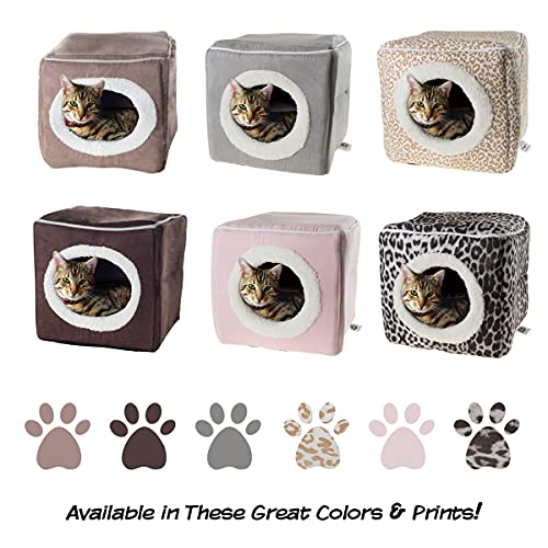 Cat Pet Bed Cave- Indoor Enclosed Covered Cavern/House for Cats Kittens and Small Pets with Removable Cushion Pad by PETMAKER, Tan/White Animal Print