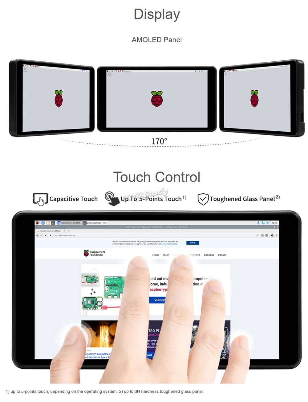 XYGStudy 5.5 inch Raspberry Pi HDMI Capacitive Touch AMOLED Display Monitor Toughened Glass Panel 1080×1920 with Protection Cover Case for Mini PC Raspberry Pi 4 Model B Computer Monitor