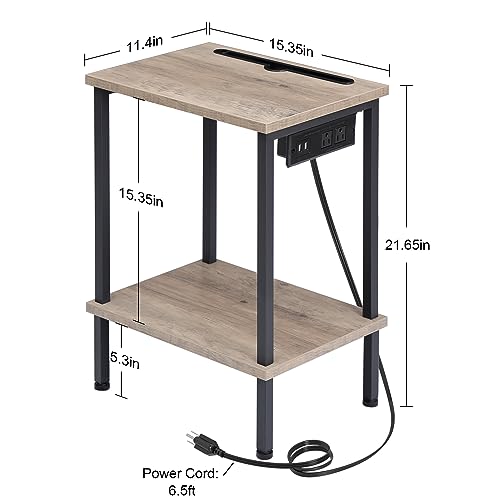 AMHANCIBLE Small Nightstand Set of 2, Side Tables with Charging Station, Night Stand with USB Ports and Outlets, End Tables for Small Space, 2-Tier Storage Shelf, Metal Frame HET032GY
