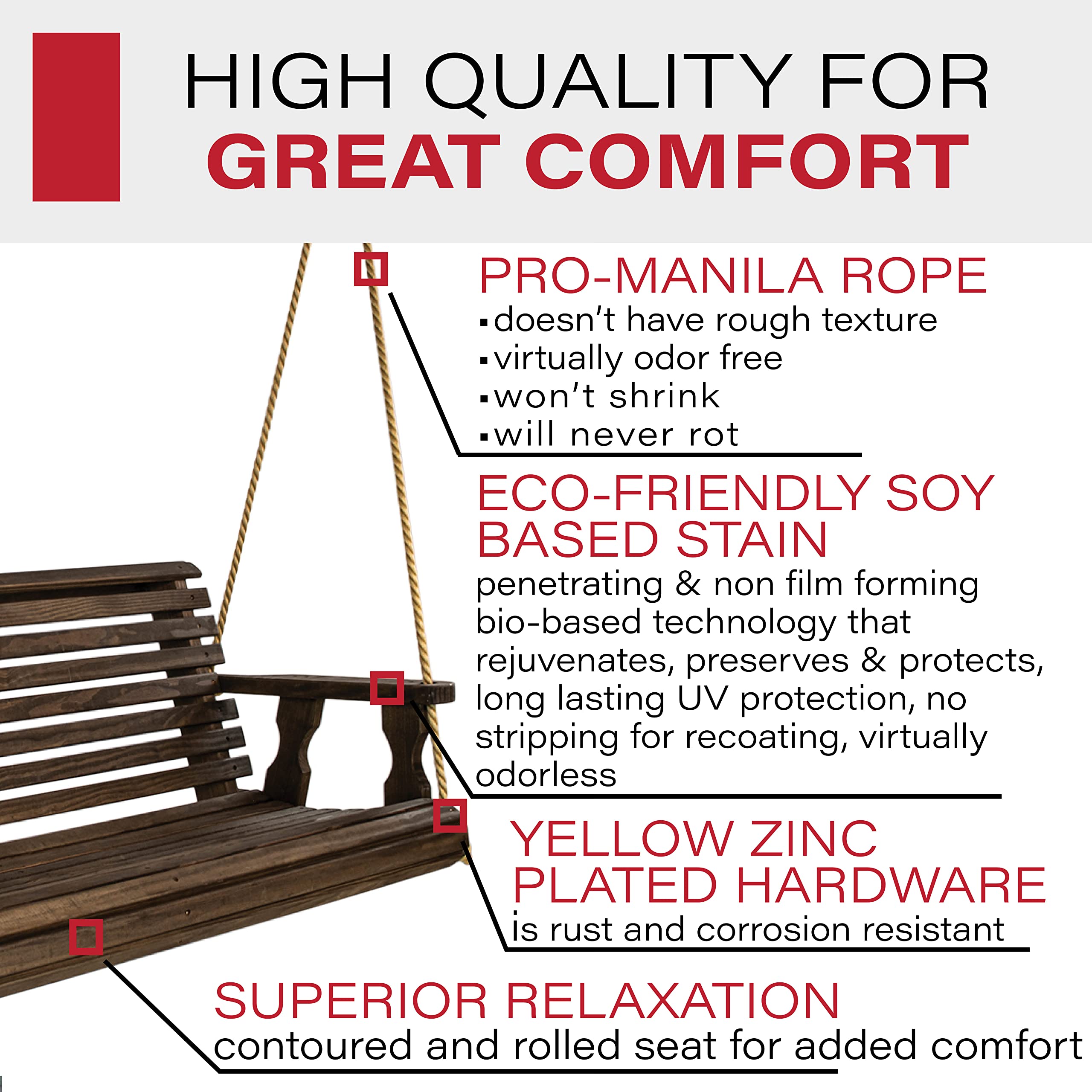 Amish Casual Heavy Duty 800 Lb Roll Back Treated Porch Swing with Hanging Ropes (5 Foot, Dark Walnut Stain)