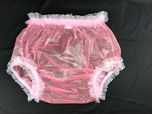 Haian Adult Incontinence Pull-on Plastic Pants Lace Panties with White Lace (Large, Transparent Pink)