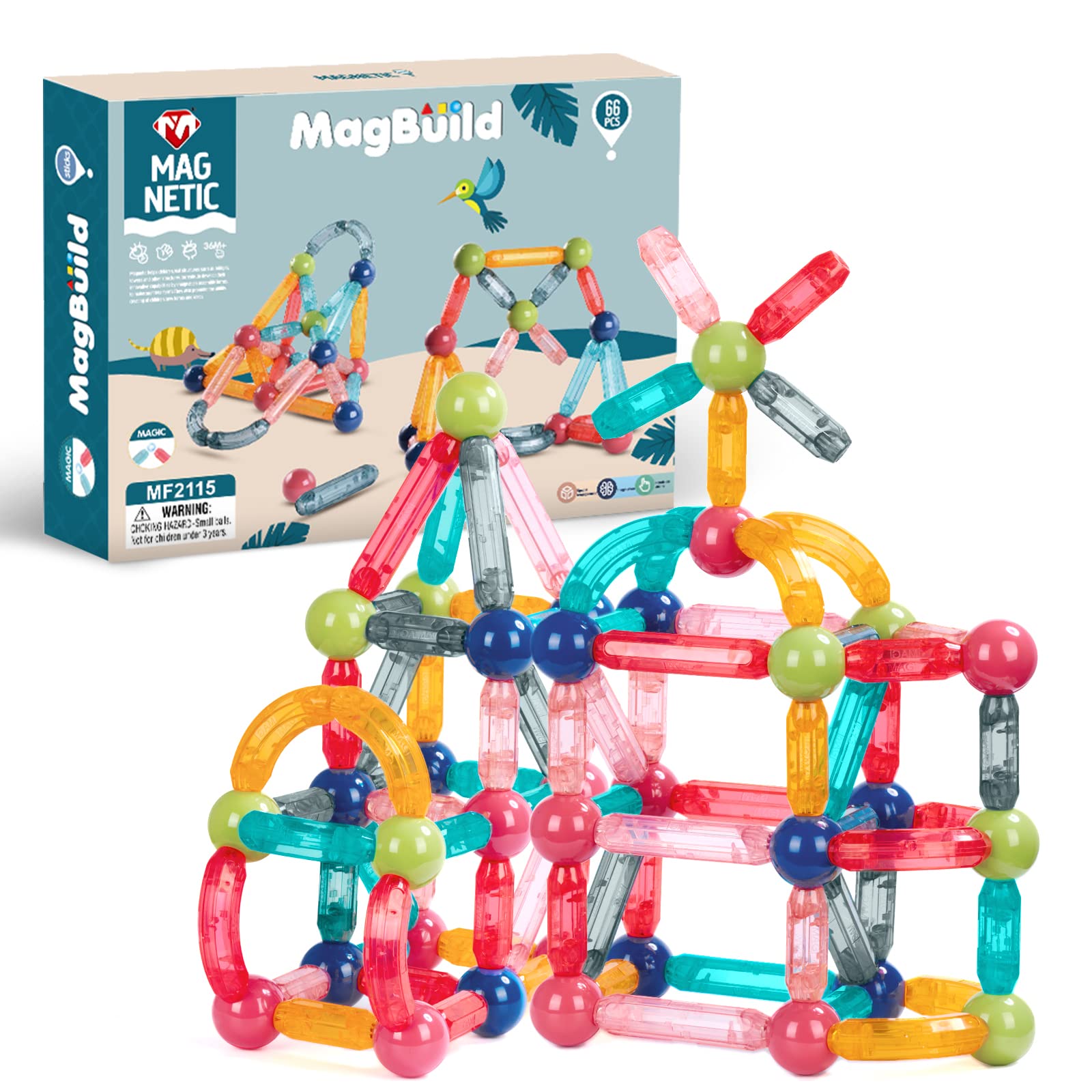 csvictory Magnetic Balls and Rods Set, Magnetic Blocks Toy for STEM, Magnetic Building Blocks with Magnetic Rods & Balls, Magnetic Sticks and Balls Building Set for Kids Age 3+ (66 PCS)