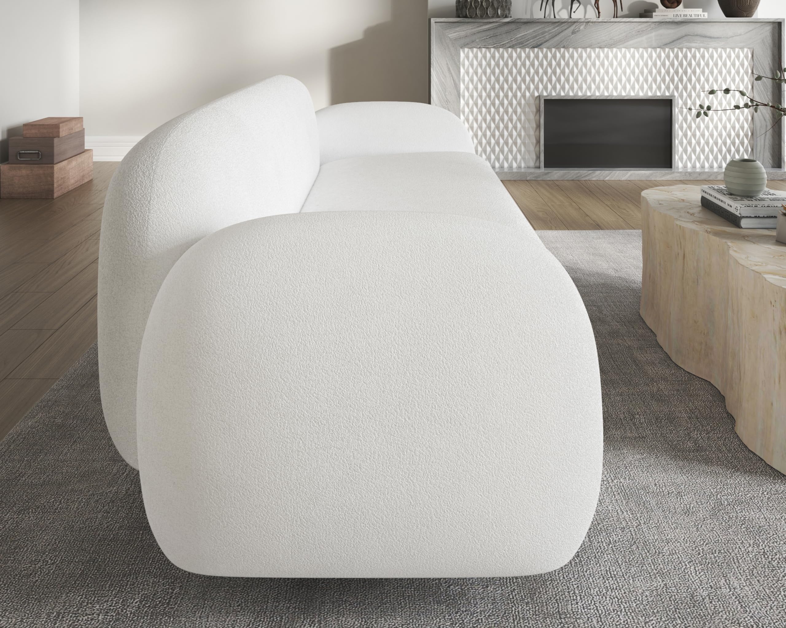 PaPaJet Sofa, Modern Cloud Couch with Soft Boucle Upholstered, 3 Seater Comfy Couch for Living Room Home Office- Sherpa Curved White Couch
