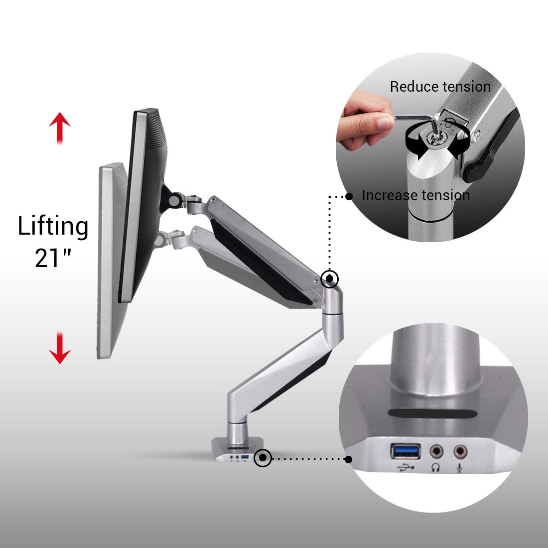 Monitor Mount Full Motion Monitor Arm Stand, Height Adjustable Computer Monitor Riser with Gas Spring, C Clamp, Cable Management for 10-34 inches,13.2-33 lbs LCD Screens